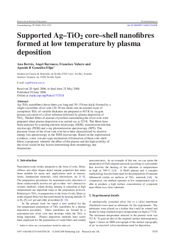 (PDF) Supported Ag TiO2 core shell nanofibres formed at low temperature by plasma deposition