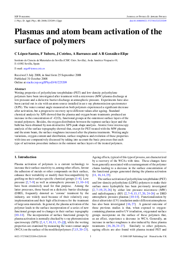 (PDF) Plasmas and atom beam activation of the surface of polymers
