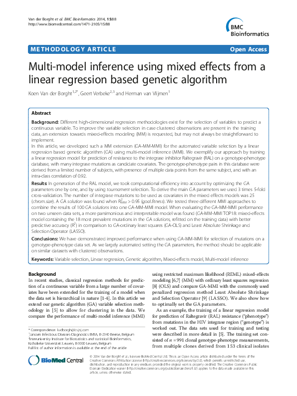 Pdf Multi Model Inference Using Mixed Effects From A Linear Regression Based Genetic Algorithm