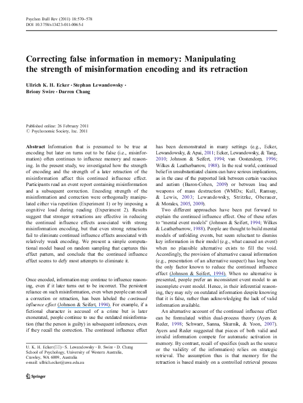 (PDF) Correcting false information in memory: Manipulating the strength of misinformation ...
