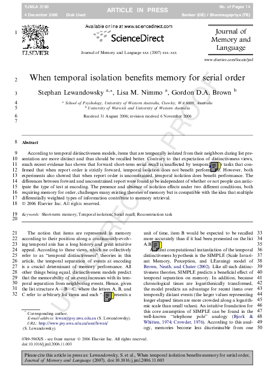 (PDF) When temporal isolation benefits memory for serial order