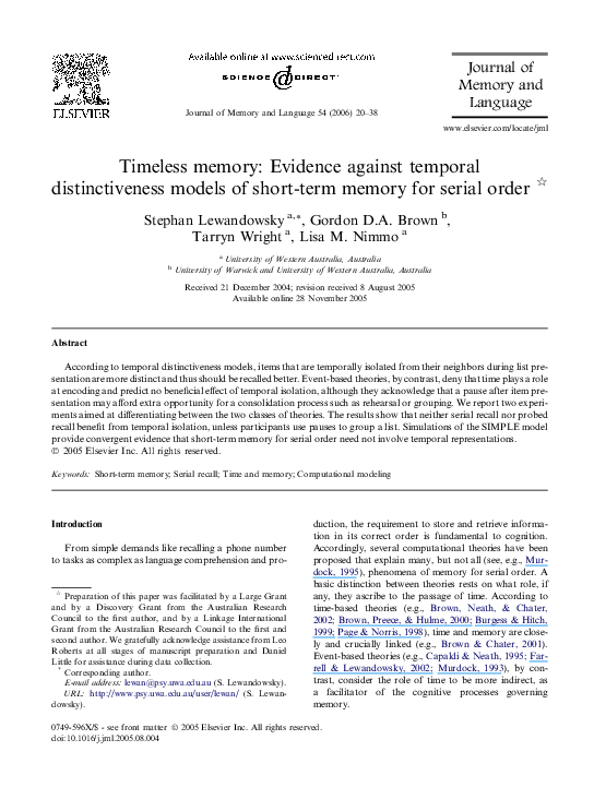 (PDF) Timeless memory: Evidence against temporal distinctiveness models of short-term memory for ...