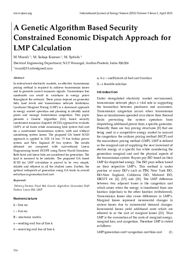 (PDF) A Genetic Algorithm Based Security Constrained Economic Dispatch Approach for LMP Calculation
