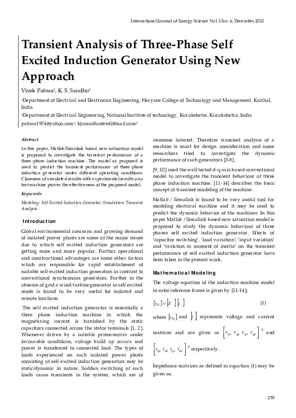 Pdf Transient Analysis Of Three Phase Self Excited Induction Generator Using New Approach