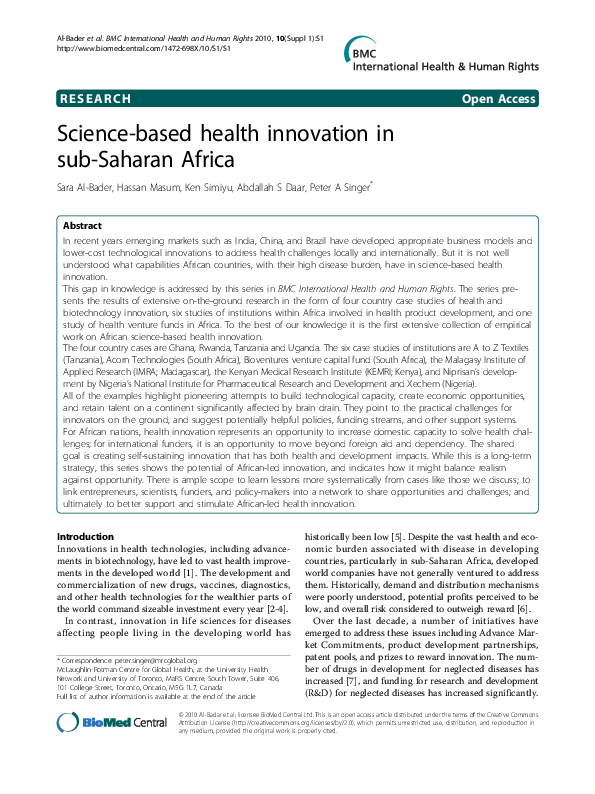 (PDF) Science-based health innovation in sub-Saharan Africa