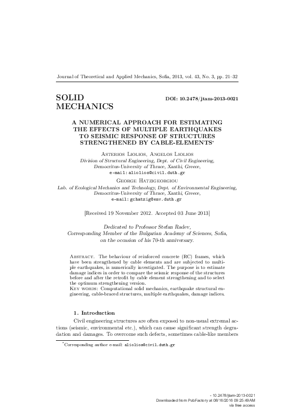 (PDF) A NUMERICAL APPROACH FOR ESTIMATING THE EFFECTS OF MULTIPLE EARTHQUAKES TO SEISMIC ...