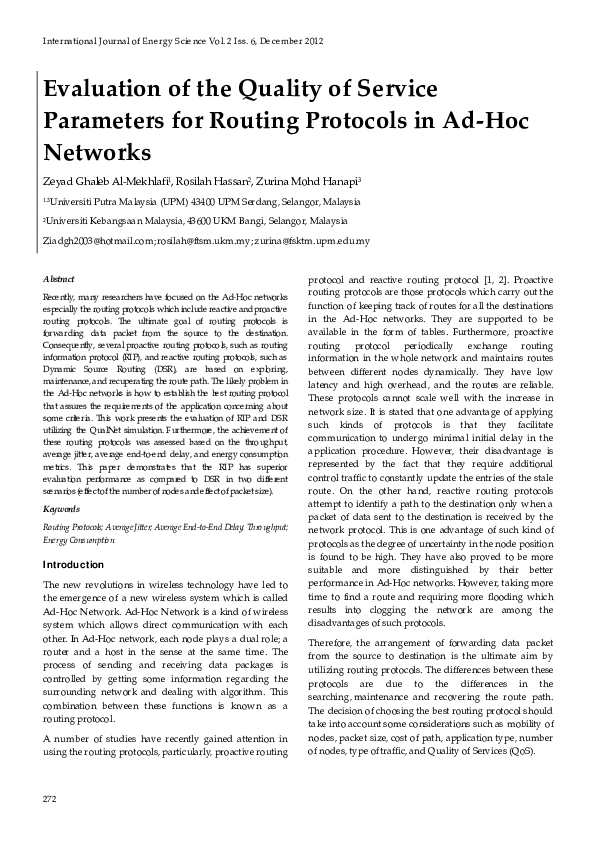 (PDF) Evaluation of the Quality of Service Parameters for Routing Protocols in Ad-Hoc Networks