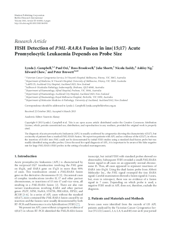(PDF) FISH detection of PML-RARA fusion in ins(15;17) acute ...
