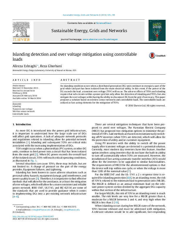 (PDF) Islanding detection and over voltage mitigation using controllable loads