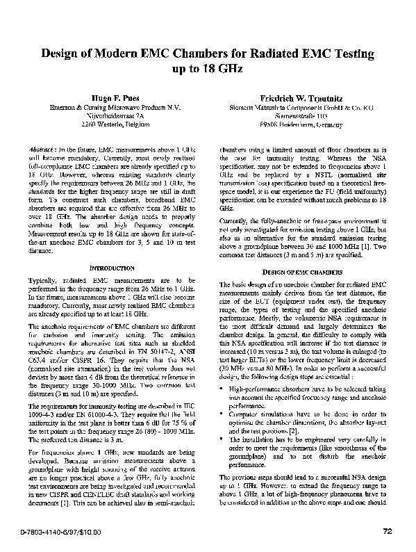 (PDF) Design of modern EMC chambers for radiated EMC testing up to 18 GHz