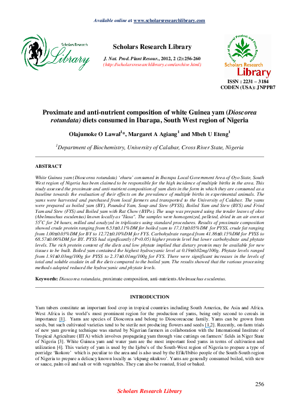 (PDF) Proximate and anti-nutrient composition of white Guinea yam ...