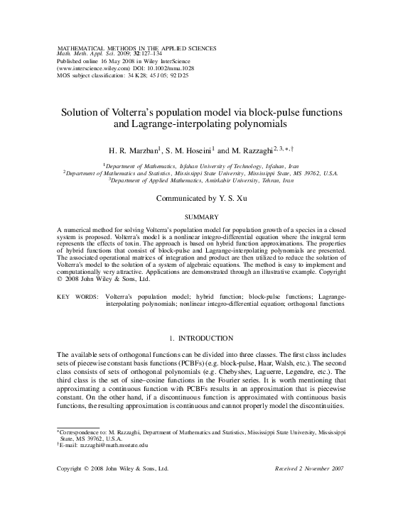 Pdf Solution Of Volterras Population Model Via Block Pulse Functions And Lagrange