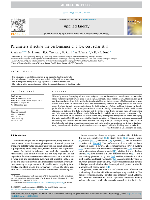 (PDF) Parameters affecting the performance of a low cost solar still