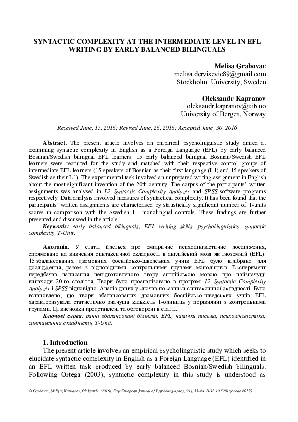 Pdf Syntactic Complexity At The Intermediate Level In Efl Writing By Early Balanced Bilinguals