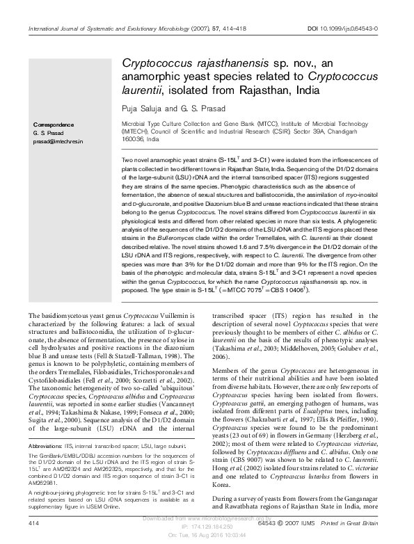 (PDF) Cryptococcus rajasthanensis sp. nov., an anamorphic yeast species ...
