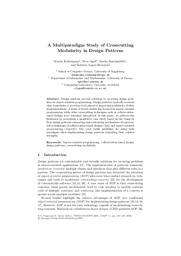 (PDF) A Multiparadigm Study of Crosscutting Modularity in Design Patterns