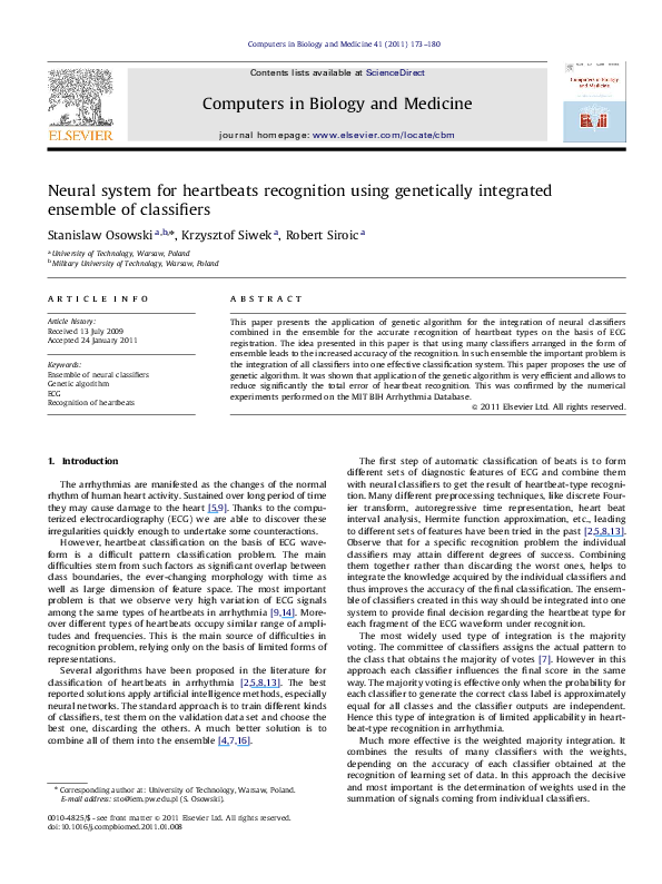 Pdf Neural System For Heartbeats Recognition Using Genetically Integrated Ensemble Of Classifiers