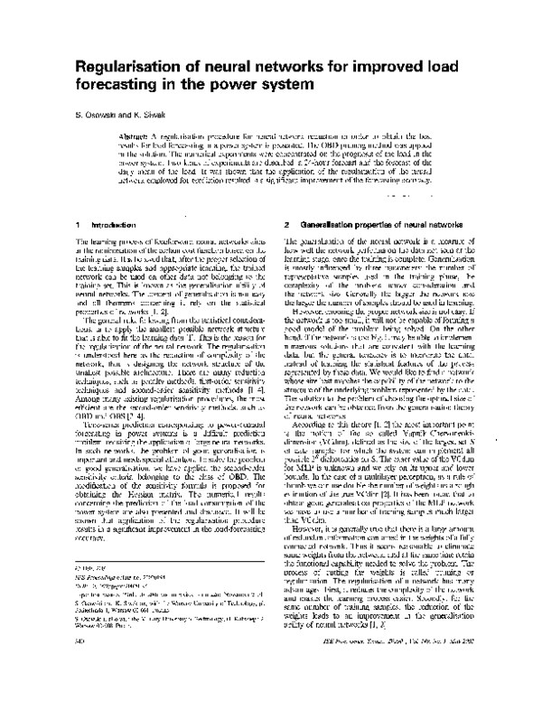 (PDF) Regularisation of neural networks for improved load forecasting in the power system