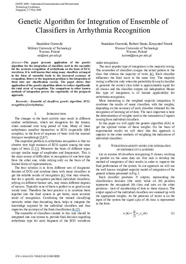 Pdf Genetic Algorithm For Integration Of Ensemble Of Classifiers In Arrhythmia Recognition