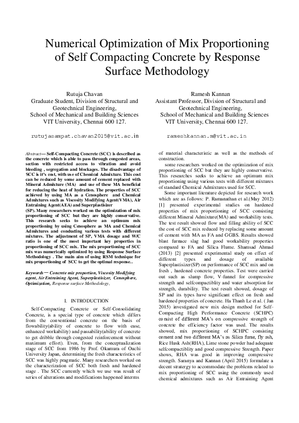 Pdf Numerical Optimization Of Mix Proportioning Of Self Compacting Concrete By Response