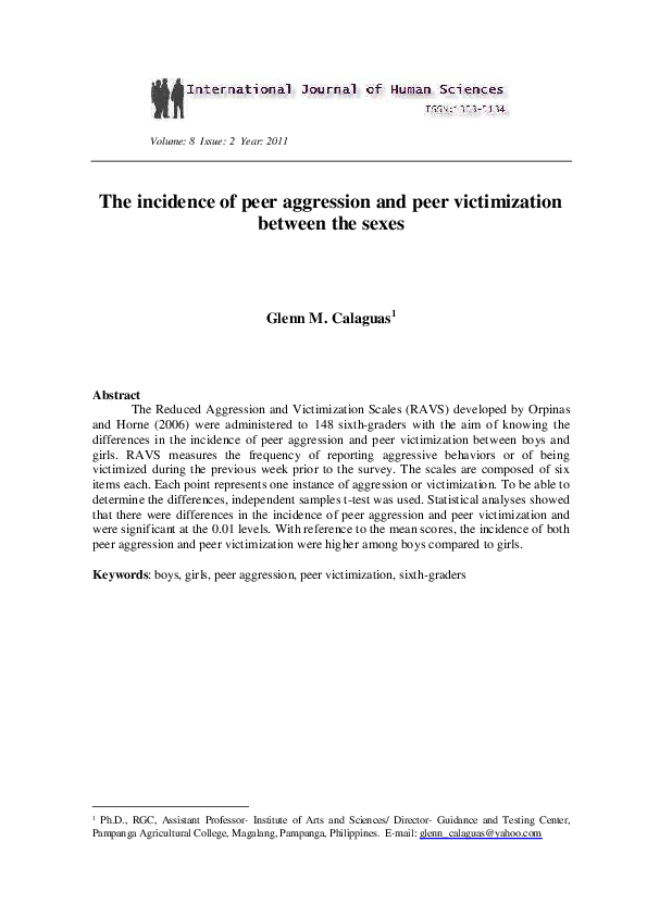 Pdf The Incidence Of Peer Aggression And Peer Victimization Between The Sexes