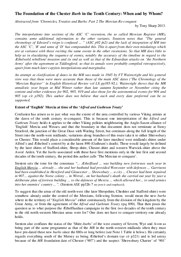 (PDF) The Foundation of the Chester Burh in the Tenth Century: When and ...