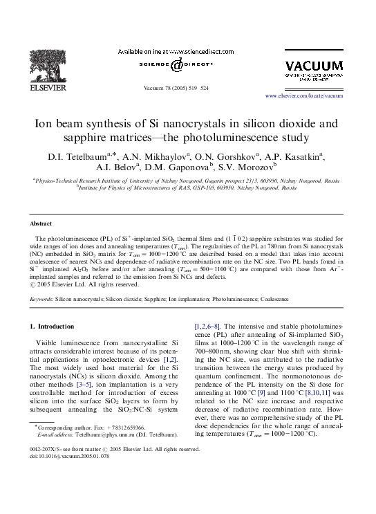 Pdf Ion Beam Synthesis Of Si Nanocrystals In Silicon Dioxide And Sapphire Matrices—the