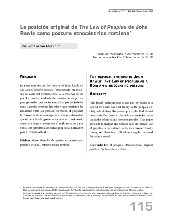 (PDF) La posición original de The Law of Peoples de John Rawls como ...