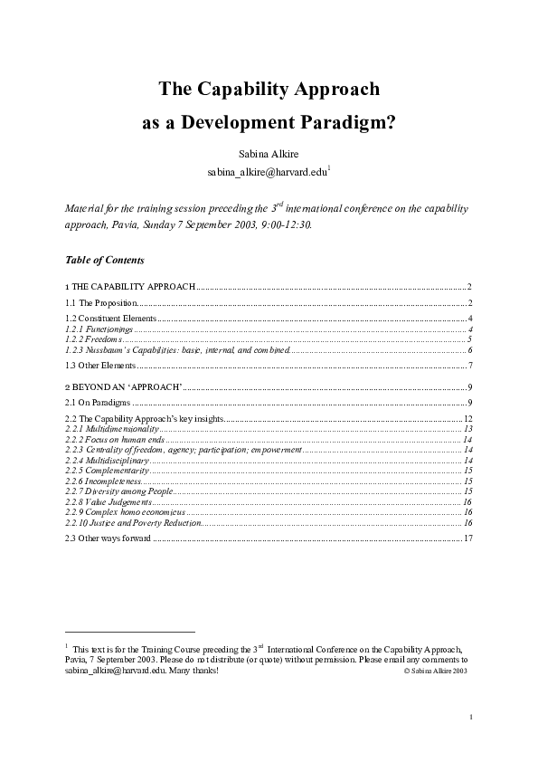 (PDF) The Capability Approach as a development paradigm?