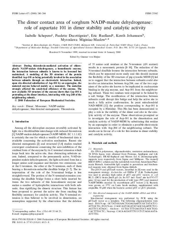 (PDF) The dimer contact area of sorghum NADP-malate dehydrogenase: role ...
