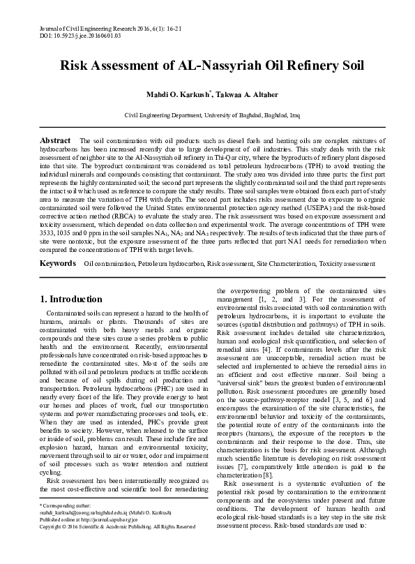 (PDF) Risk Assessment of AL-Nassyriah Oil Refinery Soil