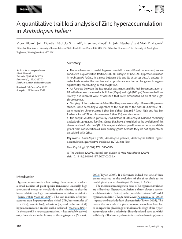 Pdf A Quantitative Trait Loci Analysis Of Zinc Hyperaccumulation In