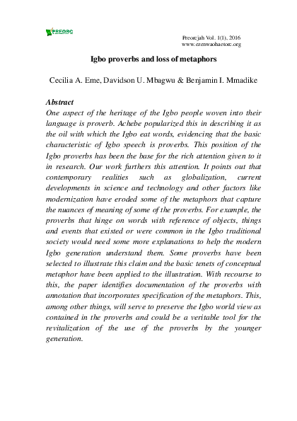 Igbo proverbs and loss of metaphors