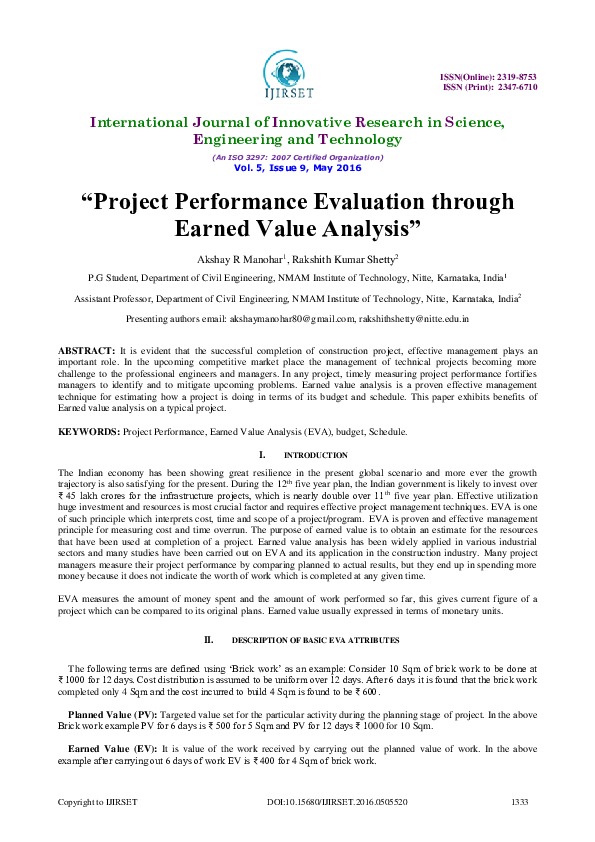 (PDF) " Project Performance Evaluation through Earned Value Analysis