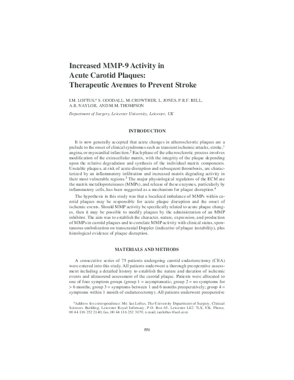 (PDF) Increased MMP-9 Activity in Acute Carotid Plaques: Therapeutic ...