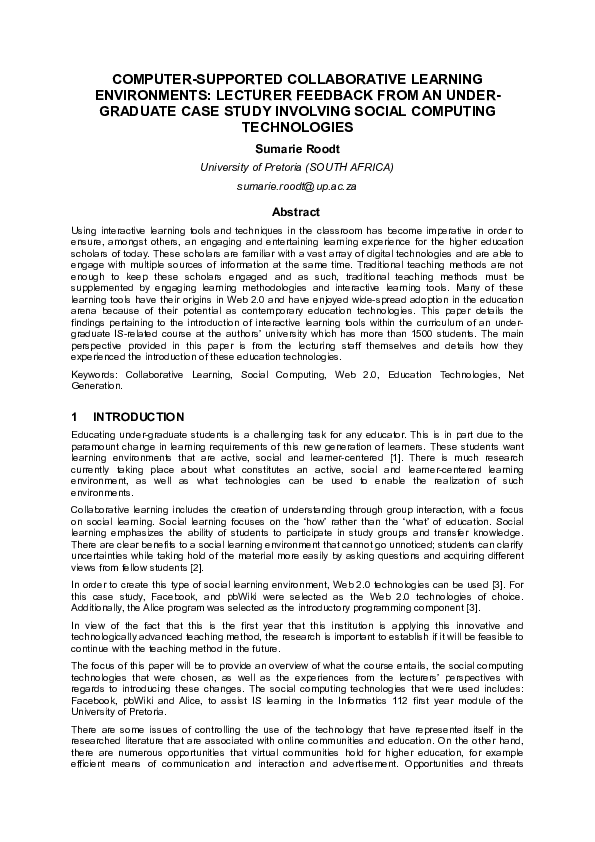 (DOC) COMPUTER-SUPPORTED COLLABORATIVE LEARNING ENVIRONMENTS: LECTURER FEEDBACK FROM AN UNDER ...