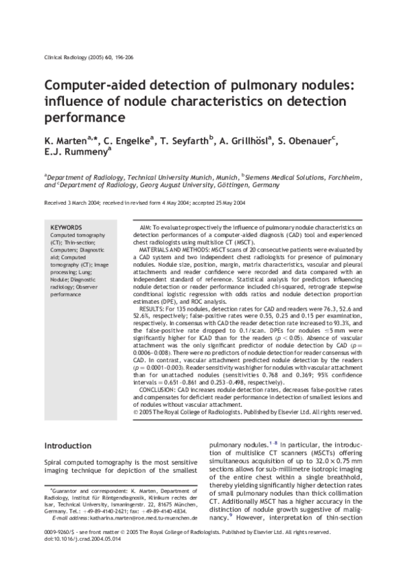 (PDF) Computer-aided detection of pulmonary nodules: influence of nodule characteristics on ...