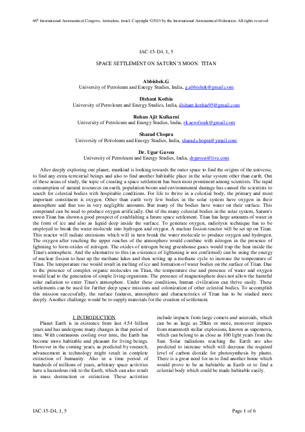 (PDF) Space settlement on Titan
