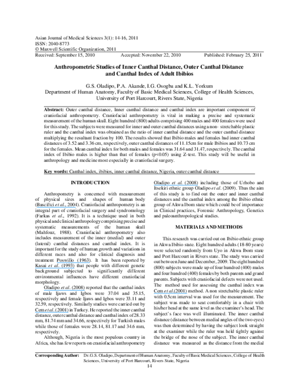 (PDF) Anthropometric Studies of Inner Canthal Distance, Outer Canthal ...