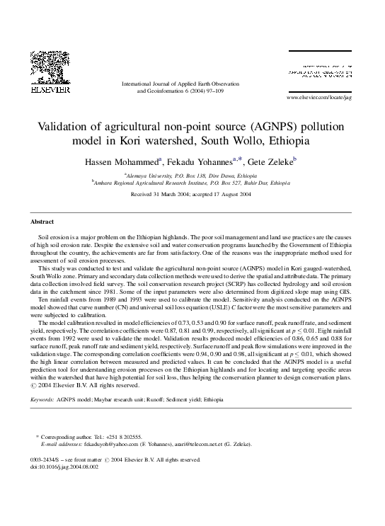(PDF) Validation of agricultural non-point source (AGNPS) pollution model in Kori watershed ...