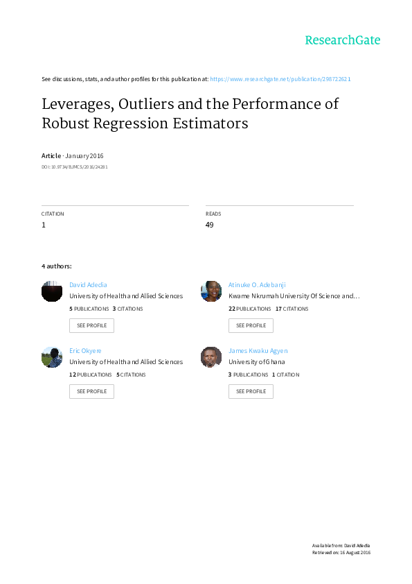 (PDF) Leverages, Outliers and the Performance of Robust Regression Estimators 5 PUBLICATIONS 3 ...