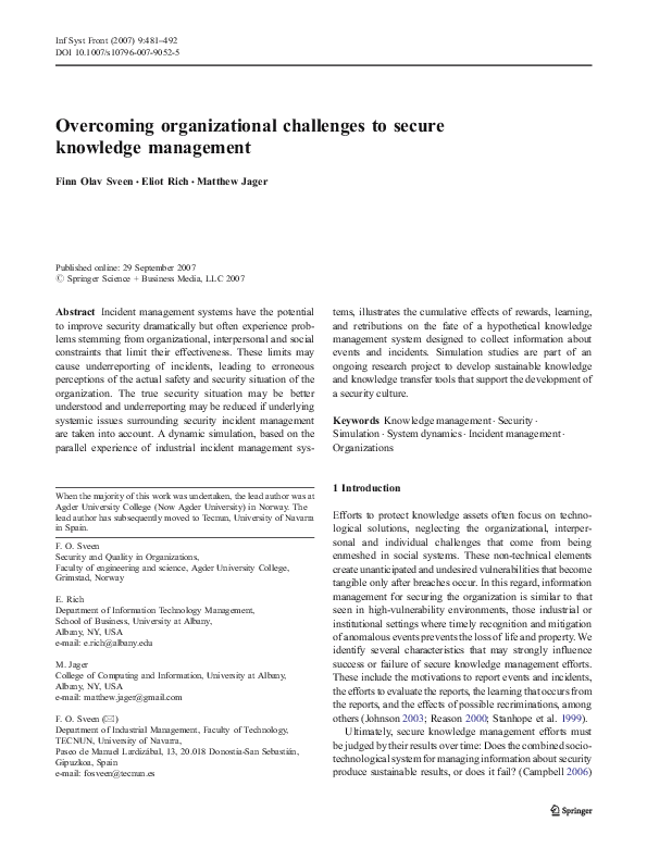 (PDF) Overcoming organizational challenges to secure knowledge management