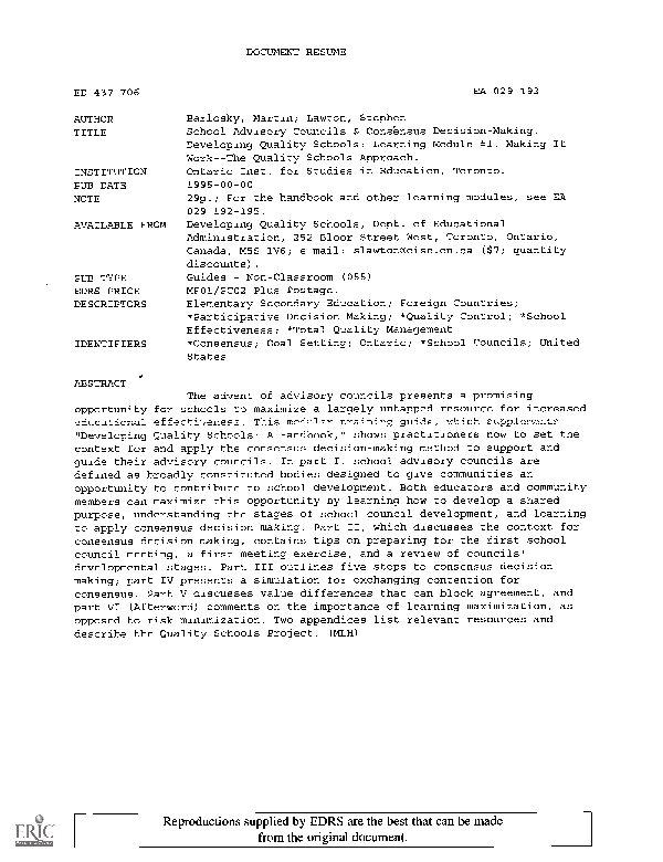 (PDF) School Advisory Councils & Consensus Decision-Making. Developing Quality Schools: Learning ...