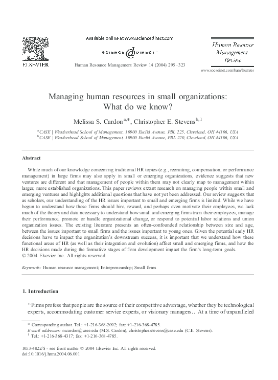 (PDF) Managing human resources in small organizations: What do we know