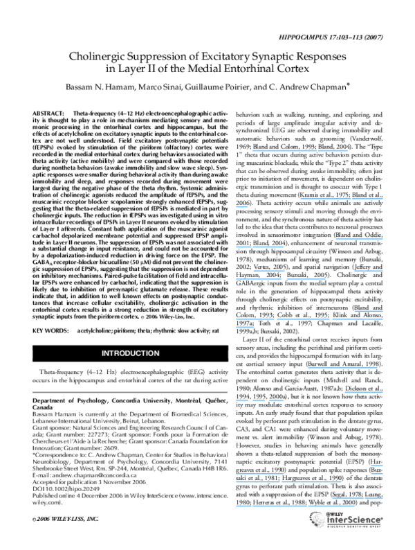 (PDF) Cholinergic suppression of excitatory synaptic responses in layer ...