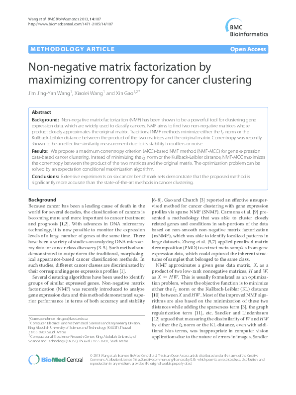 (PDF) Non-negative matrix factorization by maximizing correntropy for cancer clustering | Cindy ...