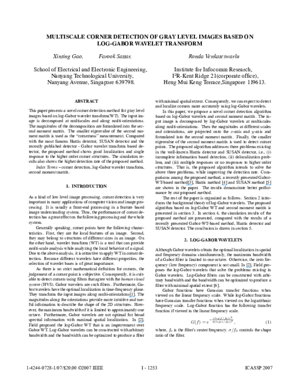 Pdf Multiscale Corner Detection Of Gray Level Images Based On Log Gabor Wavelet Transform