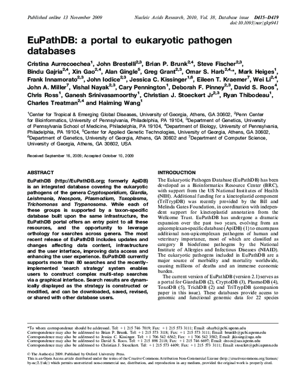 (PDF) EuPathDB: a portal to eukaryotic pathogen databases