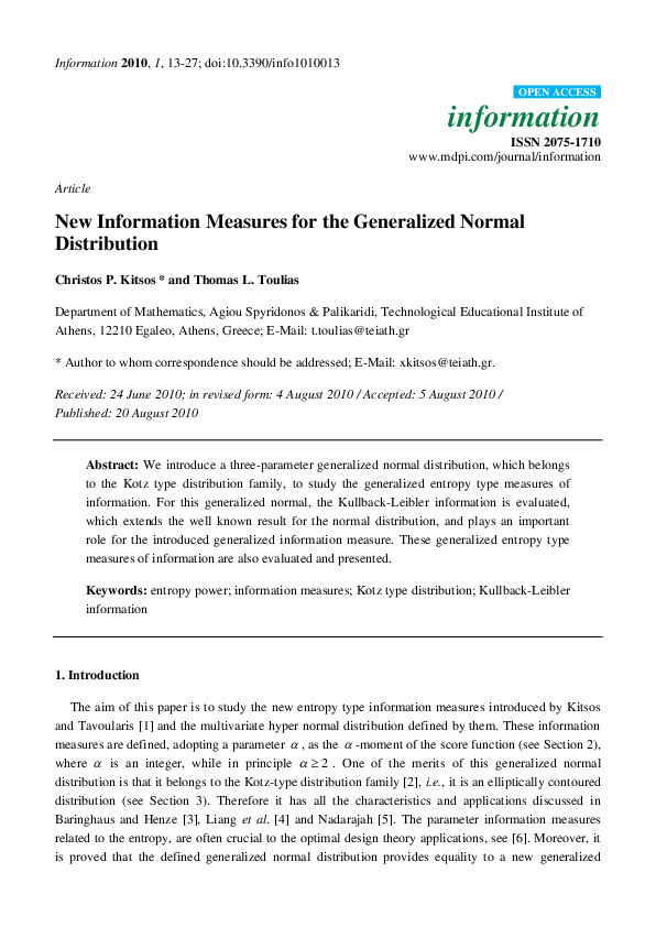 (PDF) New Information Measures for the Generalized Normal Distribution