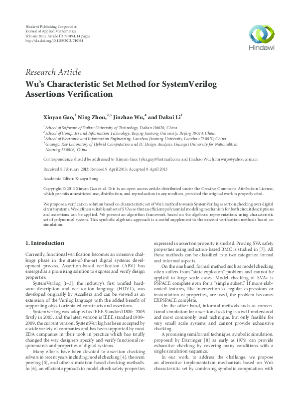Pdf Wus Characteristic Set Method For Systemverilog Assertions Verification